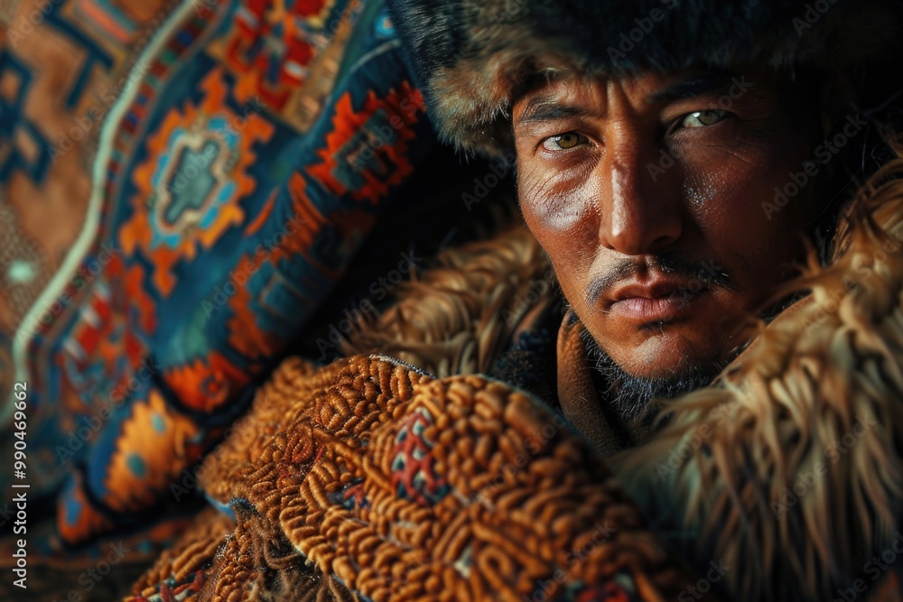 Male Russian shaman in indigenous attire, sitting on fur-covered couch ...