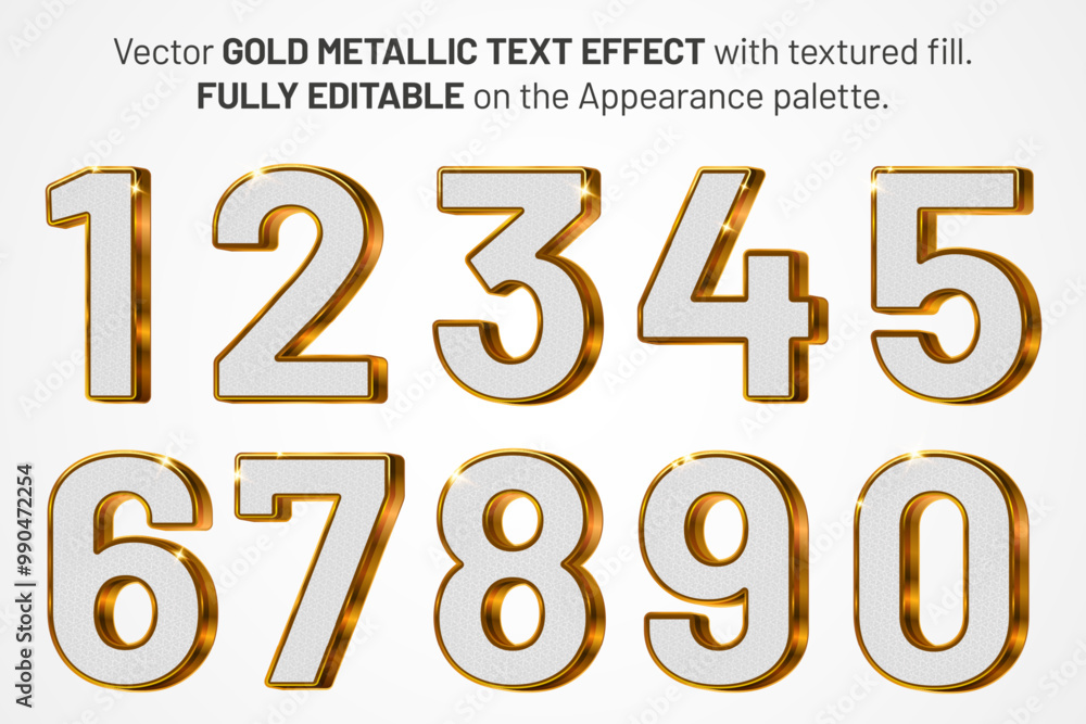 Set of fully editable 3D golden metal shiny numbers with gray textured ...