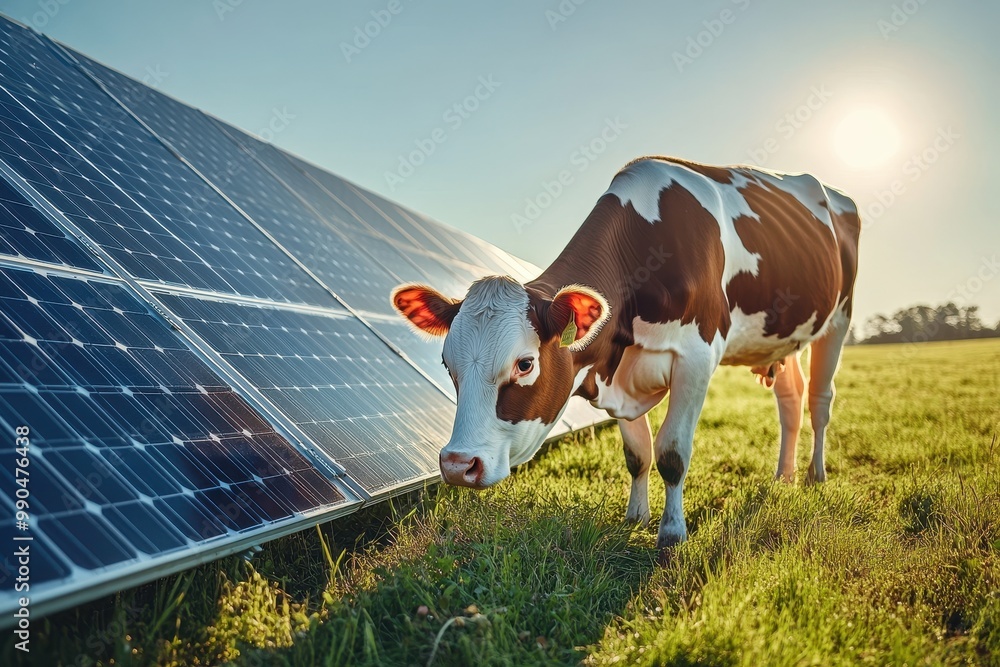 Cow grazing near solar panels under a bright sun, showcasing the ...