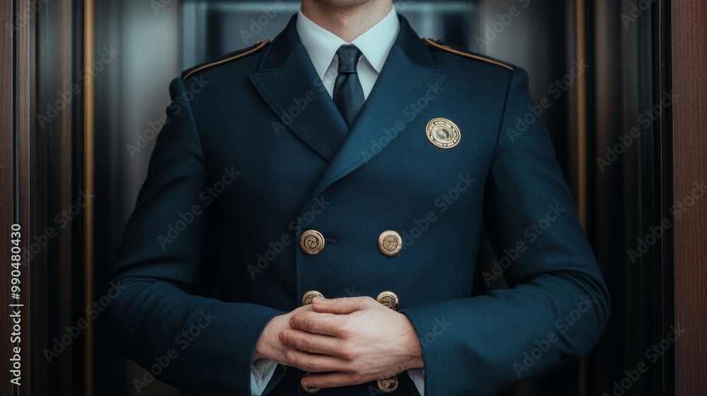 Elevator operator in a classic uniform pressing floor buttons inside an ...