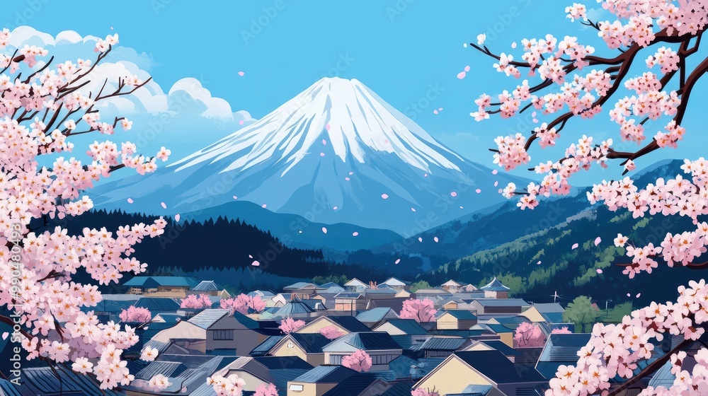 Traditional Japanese landscape in cartoon style, featuring Mount Fuji ...