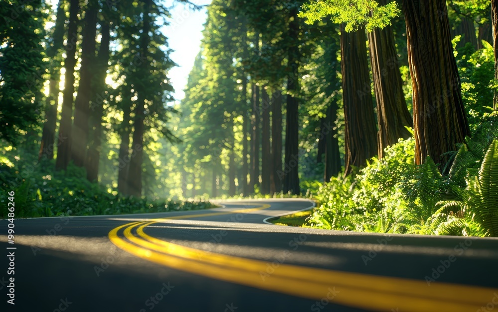 8K ultra-realistic highway winding through giant redwoods, towering ...