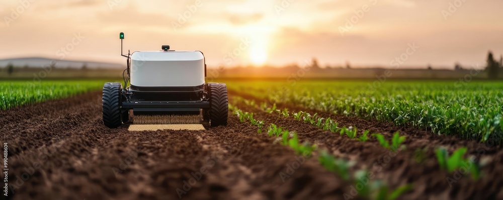 Autonomous farming vehicle sowing grain seeds into freshly tilled soil ...