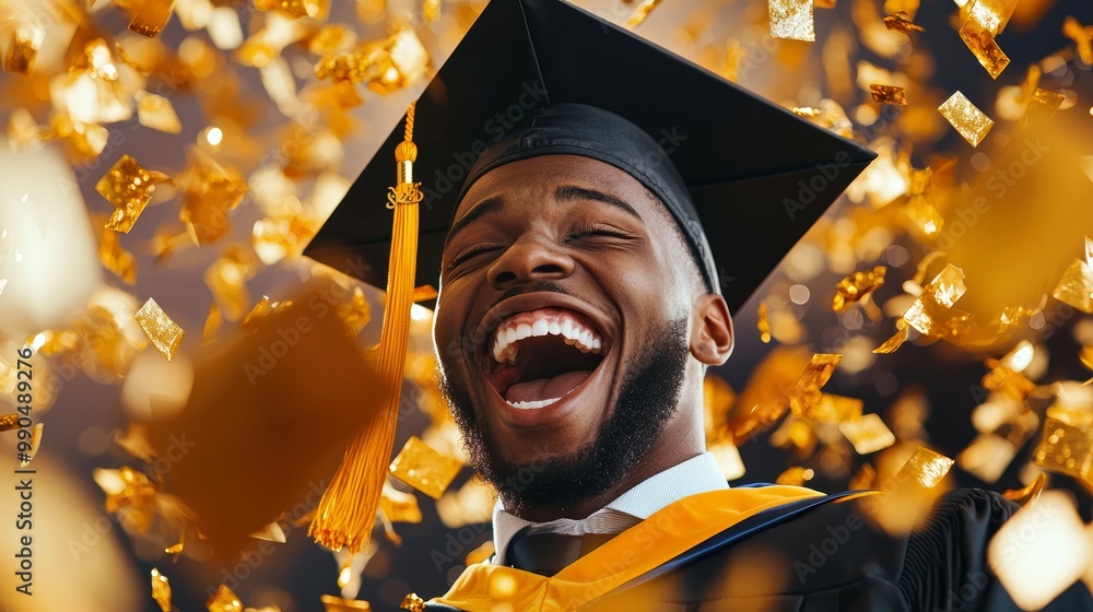 African-American student celebrating graduation, diploma raised high ...