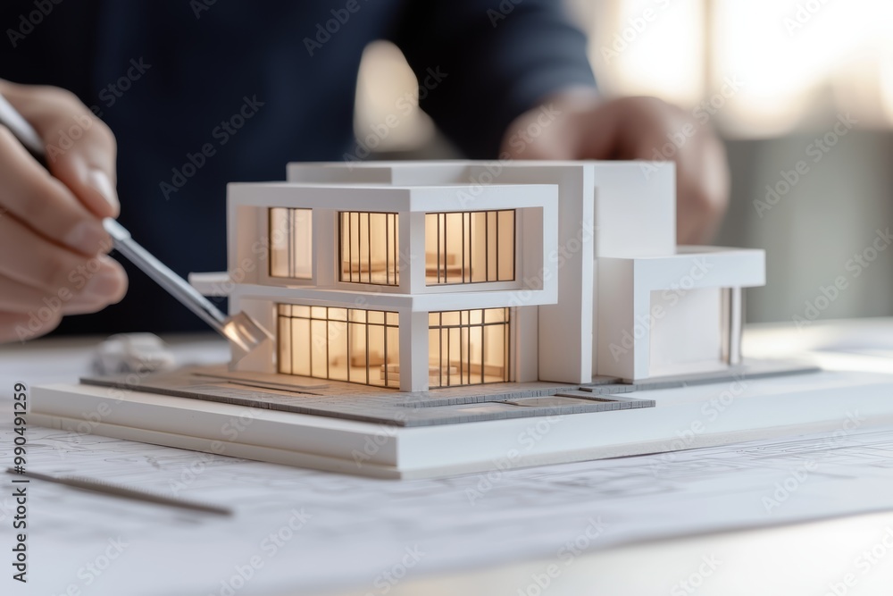 Detailed scale model of a modern house on architectural blueprints ...