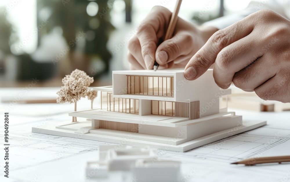 Hands crafting a modern architectural model on blueprints, ultra ...