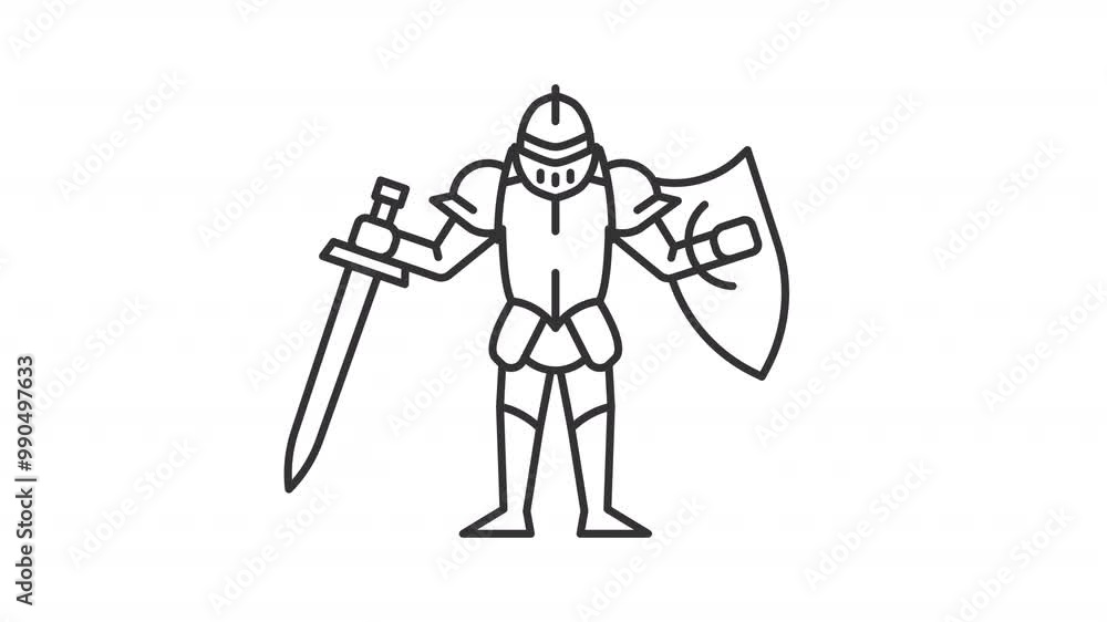 Animated knight icon. Medieval line animation. Warrior in full armor with a sword and shield ...
