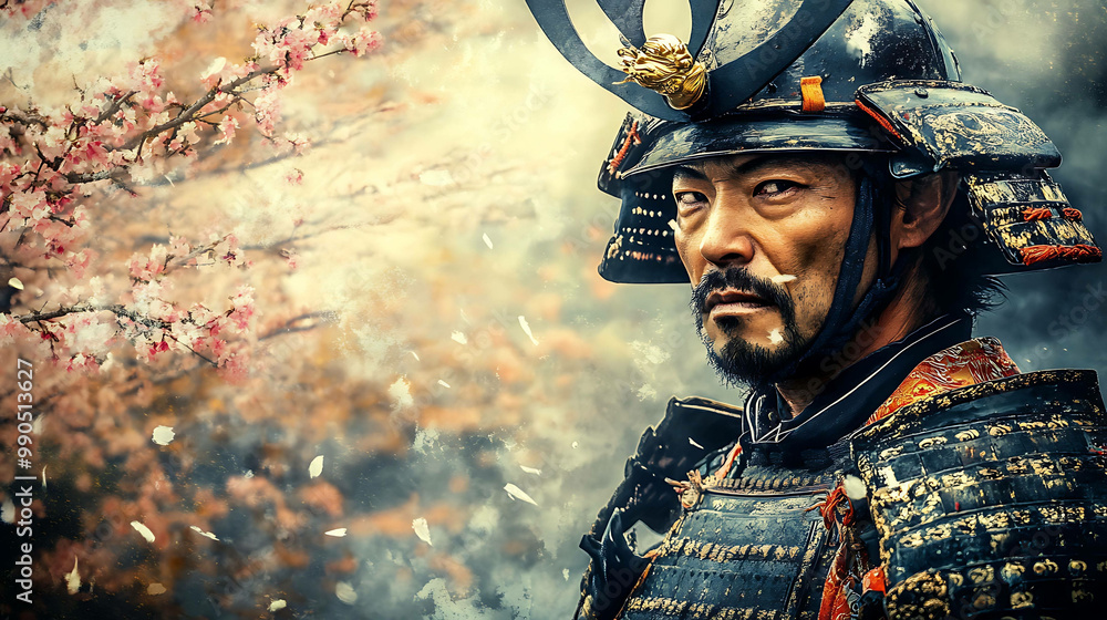 Closeup portrait of a Japanese samurai warrior in full armor, with a ...