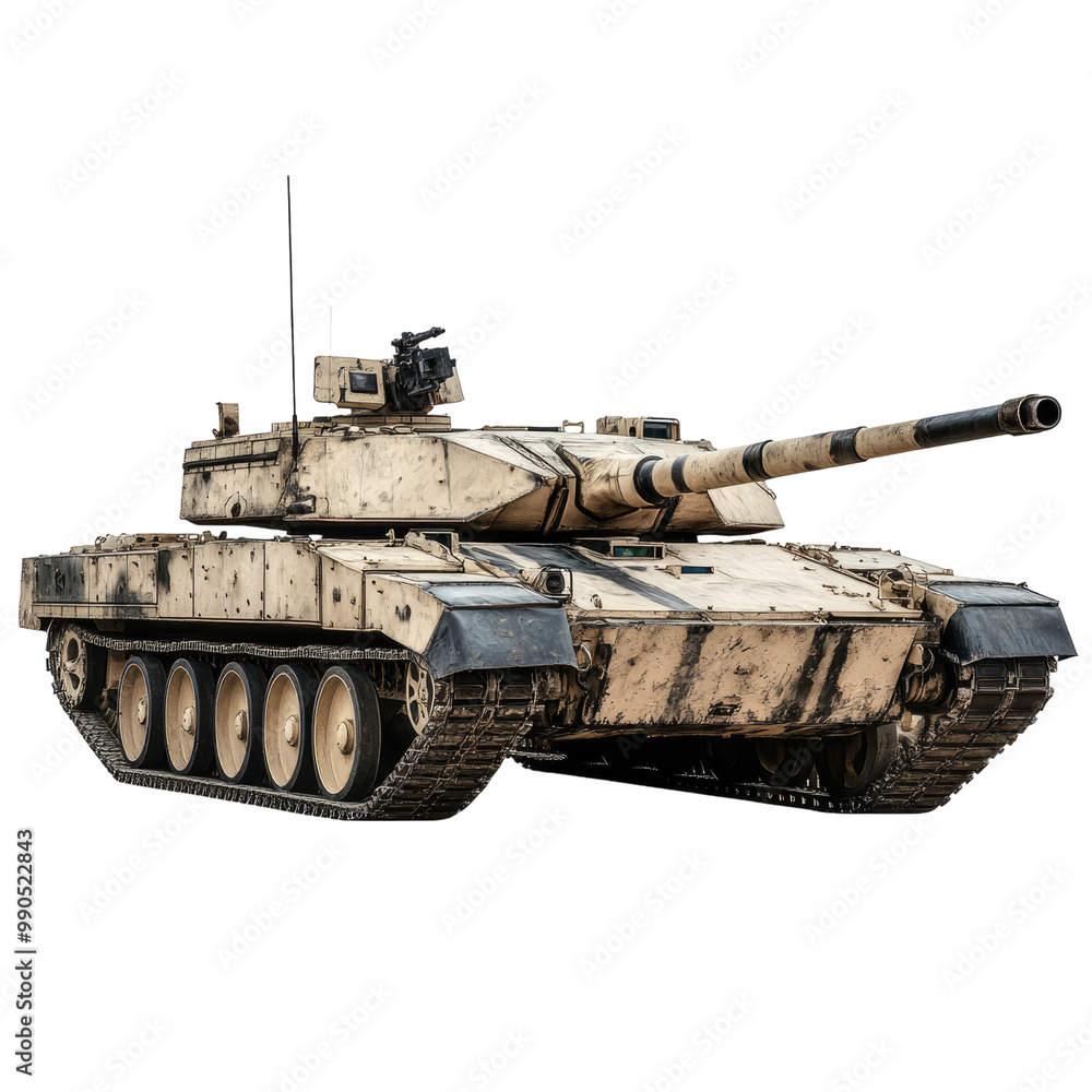 Battle tank, beige color with black stripes on the sides and roof, on ...