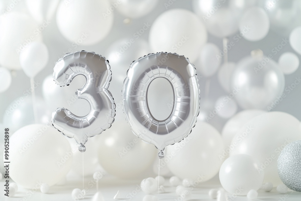 Silver helium floating balloons made in shape of number thirty ...