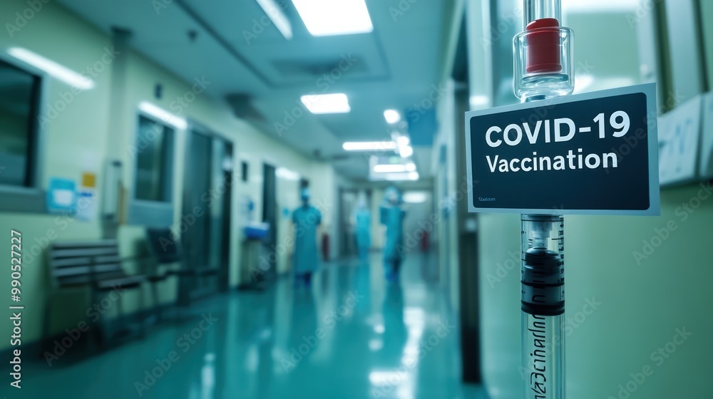 A hospital corridor with a focus on a COVID-19 vaccination sign and ...