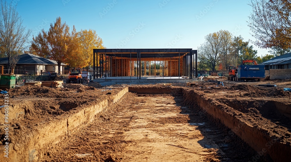 Suburban house under construction, steel frames outlining rooms, wide ...