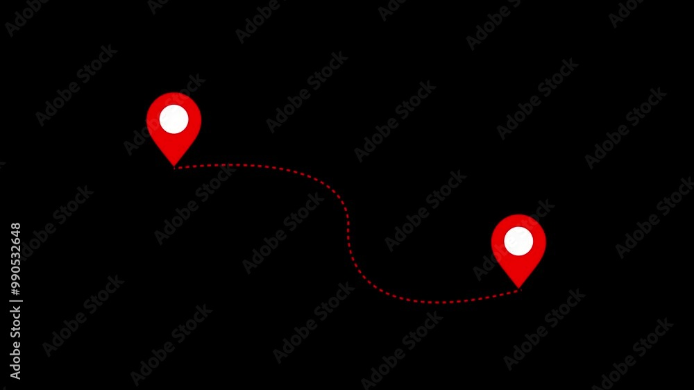 Two location pins connected by a dashed line animated on background ...