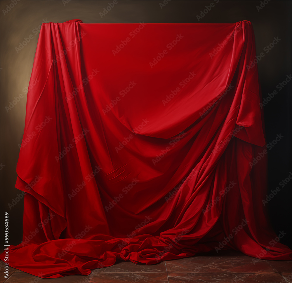 Red curtain draped over a mysterious box. A luxurious red silk curtain ...