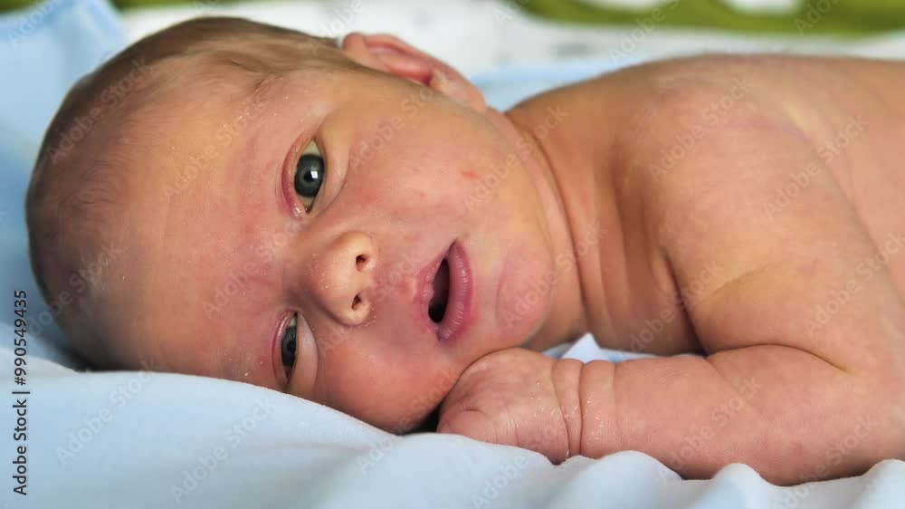 Close-up of a newborn baby's head lying on a blue sheet with its mouth ...