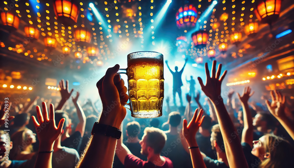 Lively party scene with vibrant lights, raised beer glasses, and a ...
