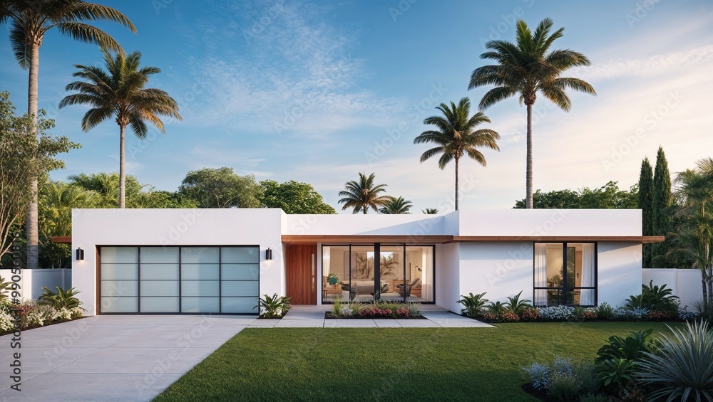 A sleek, modern, single-story house with a minimalist design boasting a ...