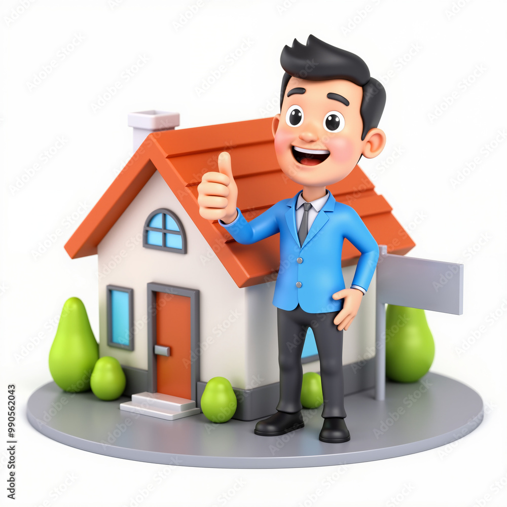 Cartoon real estate agent with a thumbs up standing next to a house ...