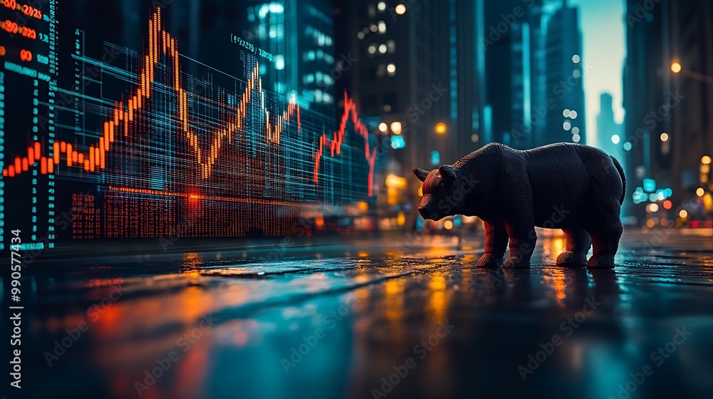 A layered image with a stock market bull and bear in the foreground ...