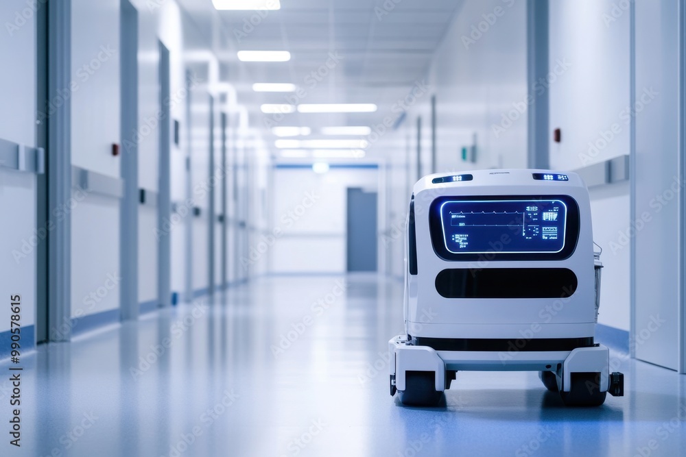 Robot workers in hospitals move to serve patients. With a machine-like ...