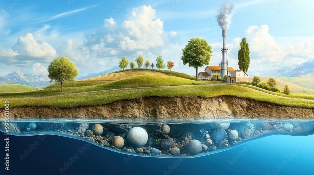 Cross-section view of a water table beneath a vibrant landscape ...