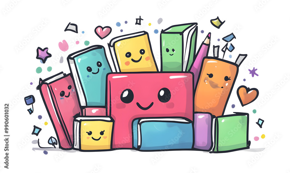 stationery in doodle 2D illustrator style, with cartoonish/symbolic ...