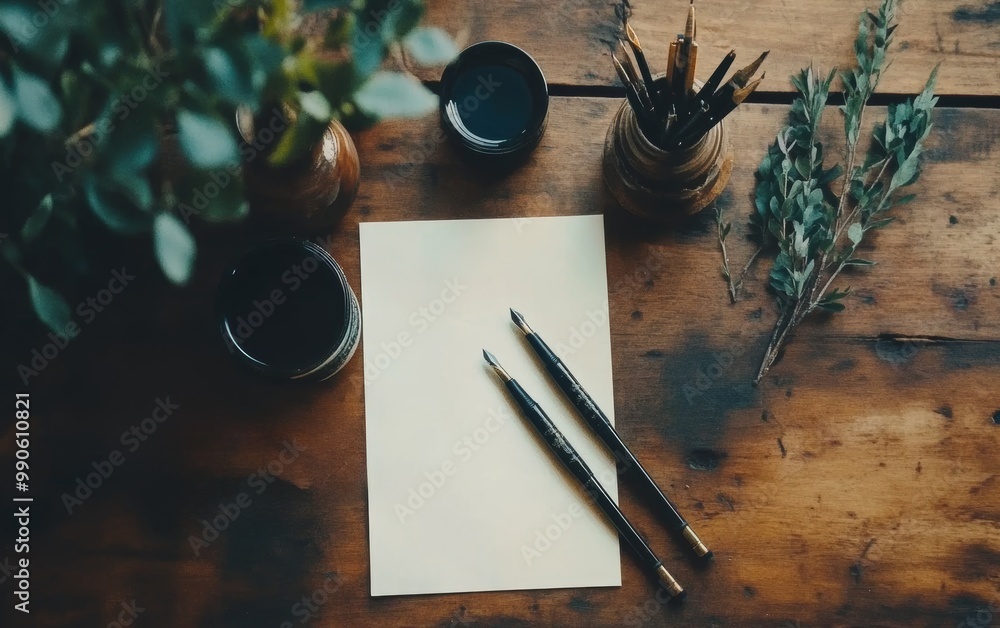 Rustic wooden desk with blank paper, fountain pens, and ink. Vintage ...