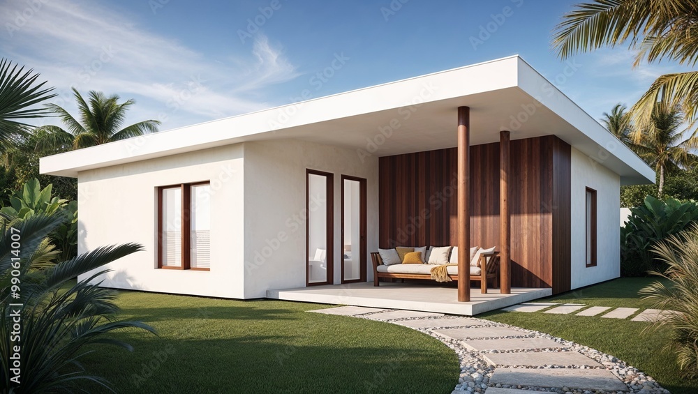 minimalist single-story house with a sleek, angular roof design ...