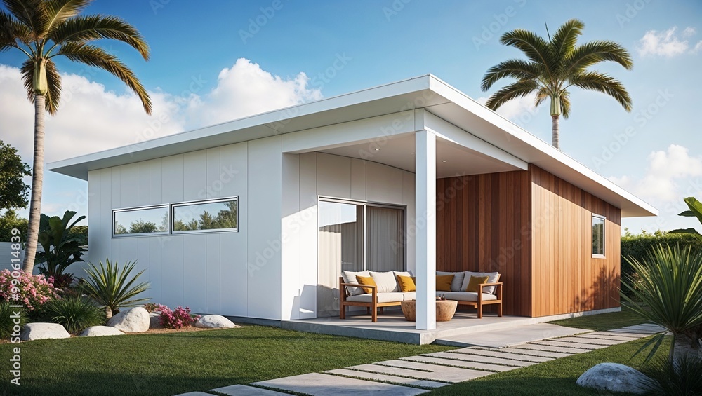 minimalist single-story house with a sleek, angular roof design ...