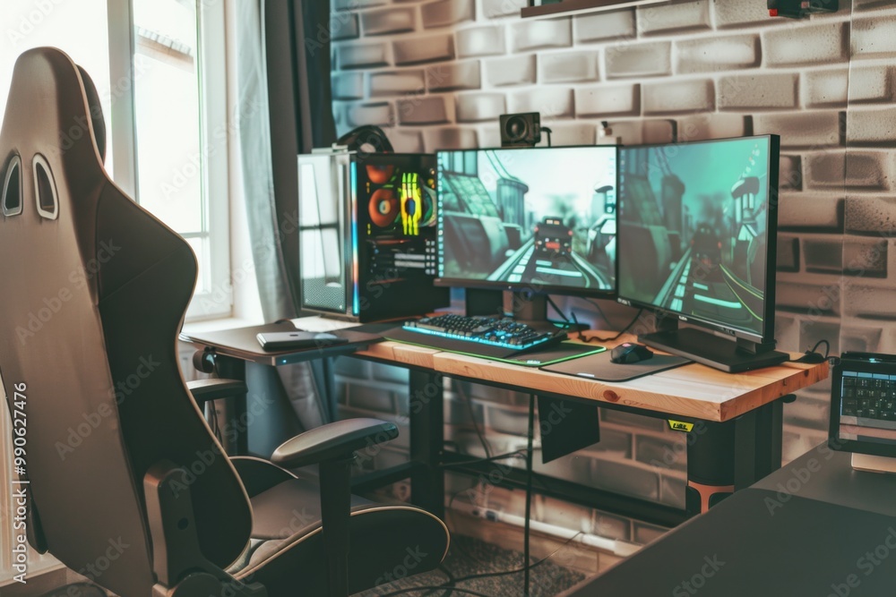 This modern home workspace features a powerful gaming setup ...