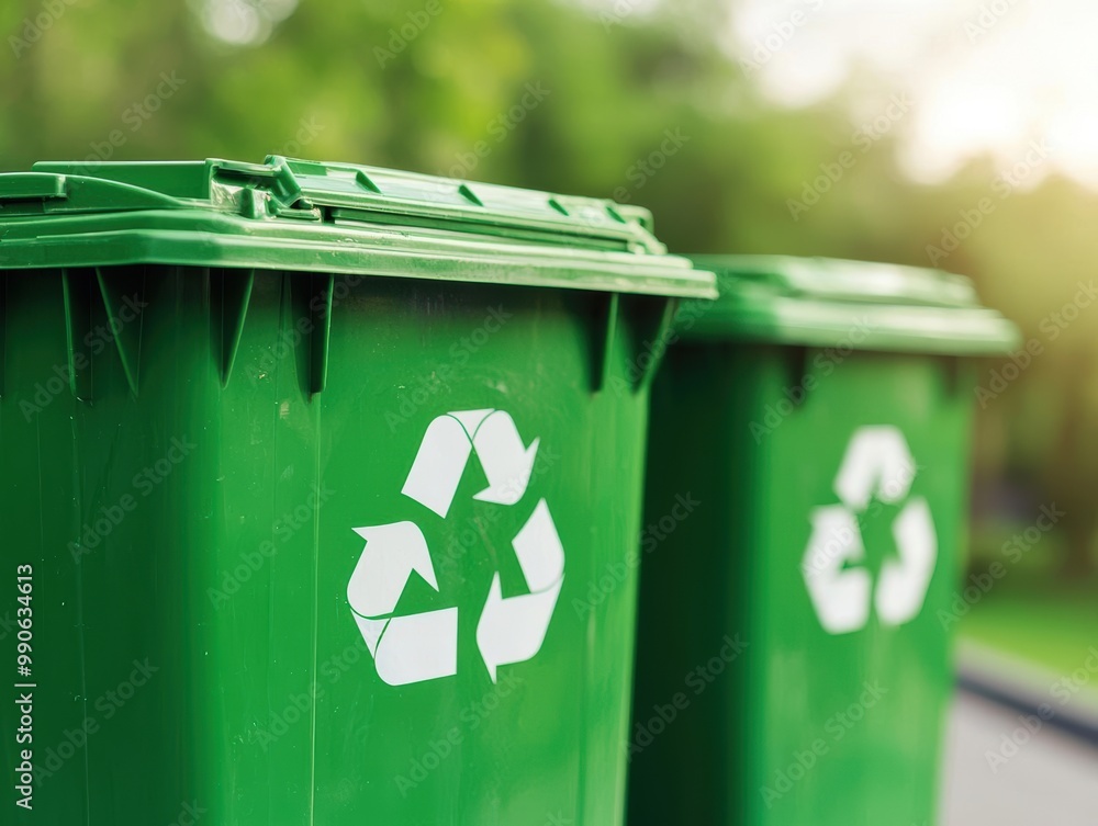 People sorting waste into green recycling bins during a park cleanup ...