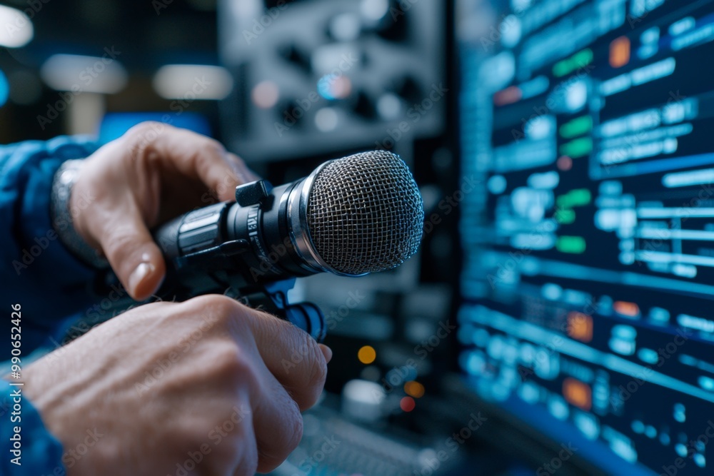 Confident male news anchor in a suit speaking into a microphone with a ...
