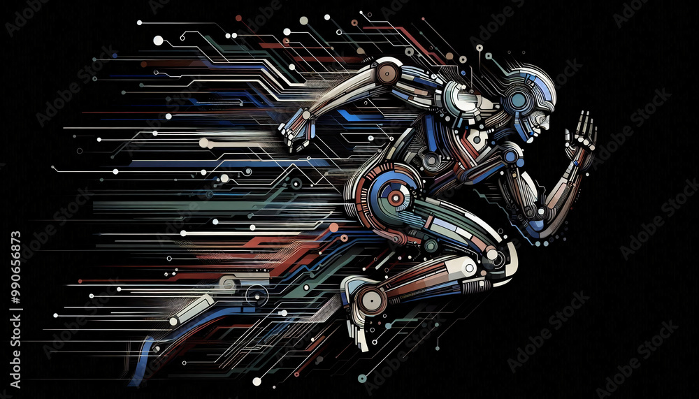 Futuristic robot runner with circuit patterns, symbolizing speed and ...
