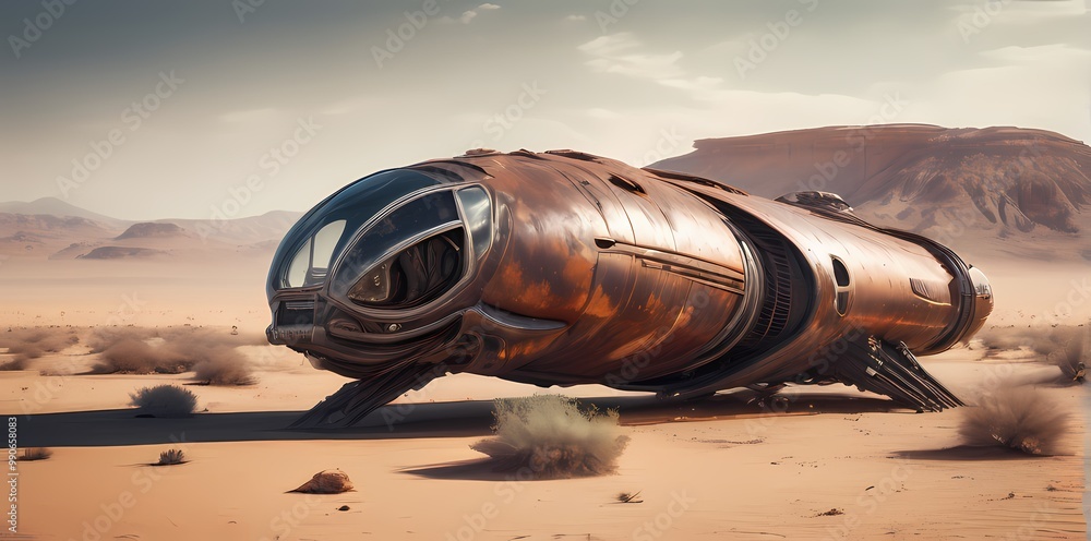 rusty crashed alien spaceship in desert. Highly detailed and realistic ...