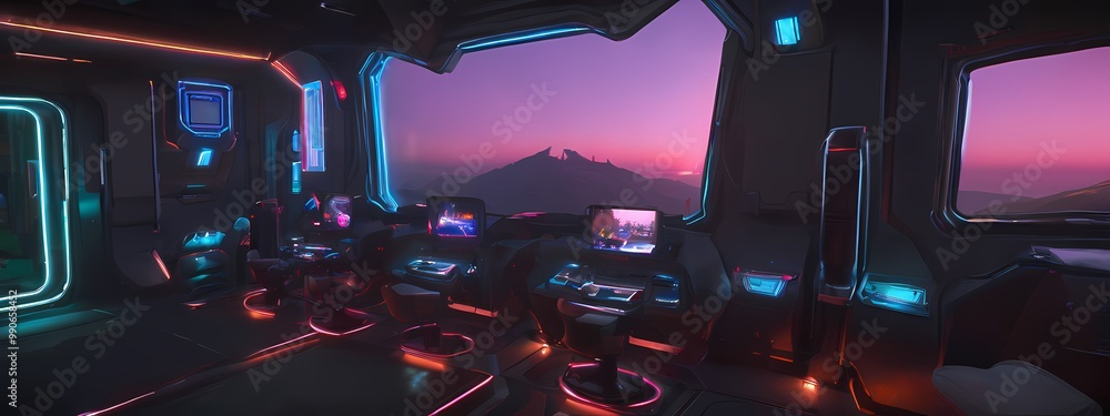 Shiny gamer room with bright shining led lights and sunset in ...