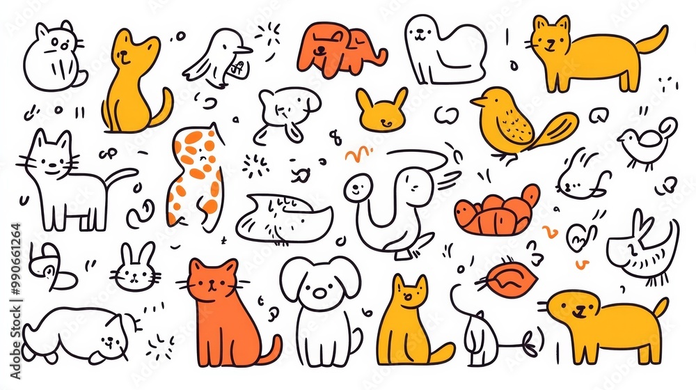 This delightful doodle set showcases a variety of cute cartoon pet ...