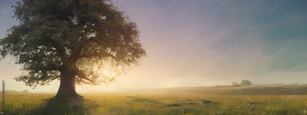 Big old beautiful tree with green meadow and sunset. Extremely detailed ...