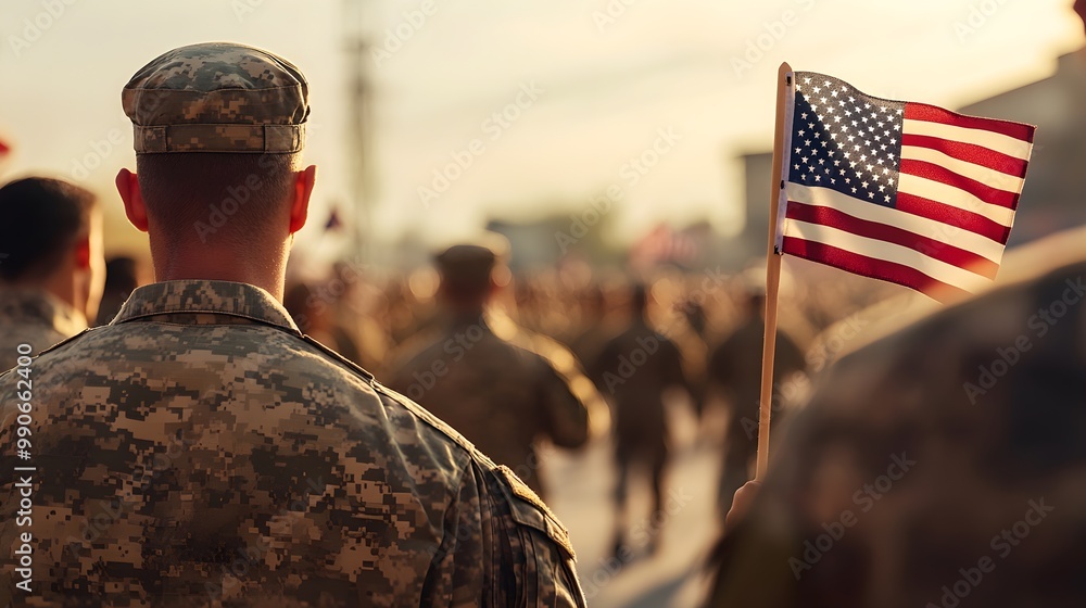 Patriotic scene with hand-held American flags at a military parade ...