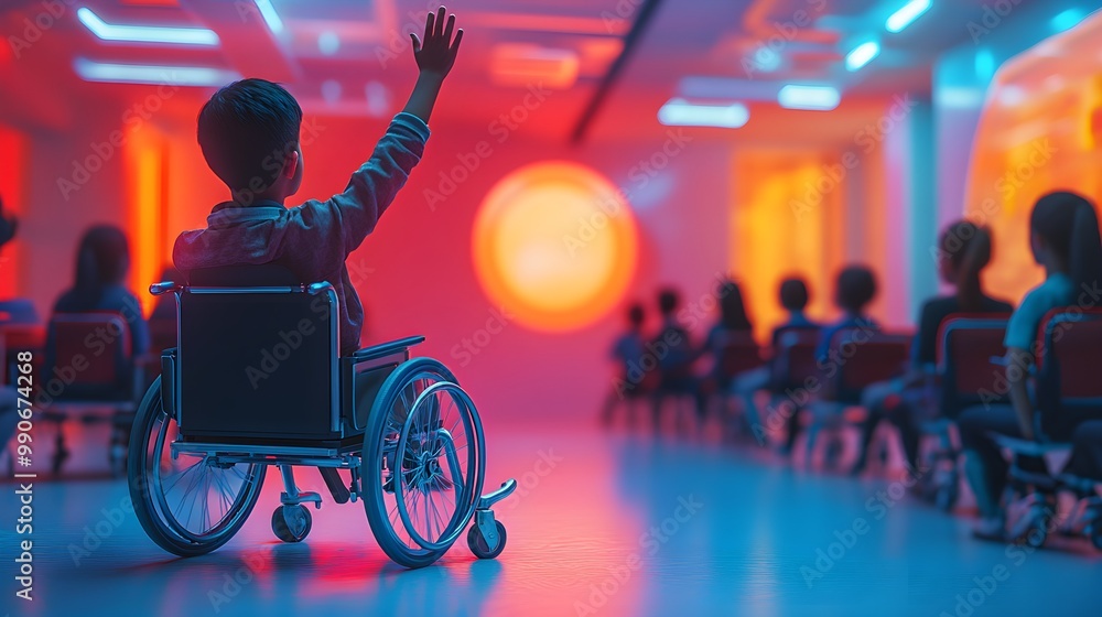 Wheelchair-using boy raising hand during lesson, surrounded by multicultural students in a ...