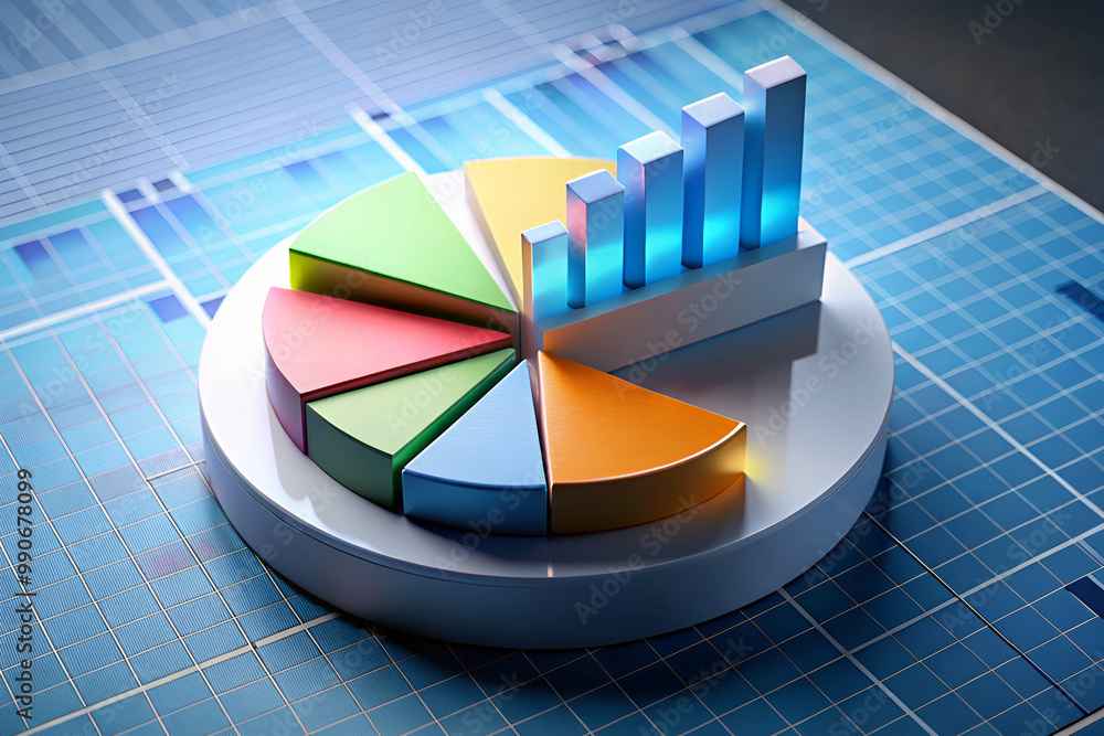 A pie chart is shown with different colored slices and a line graph ...