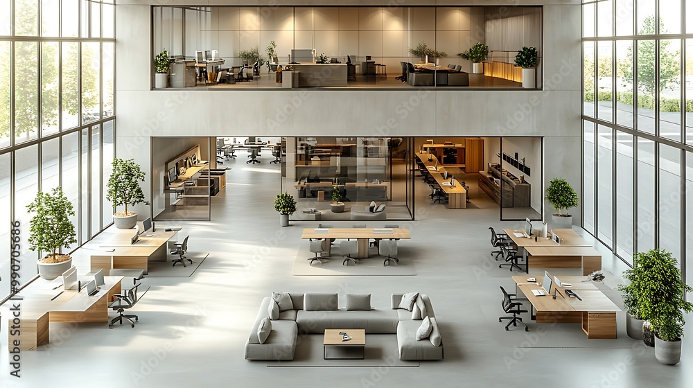 A modern open-plan office with high ceilings, glass partitions, sleek ...