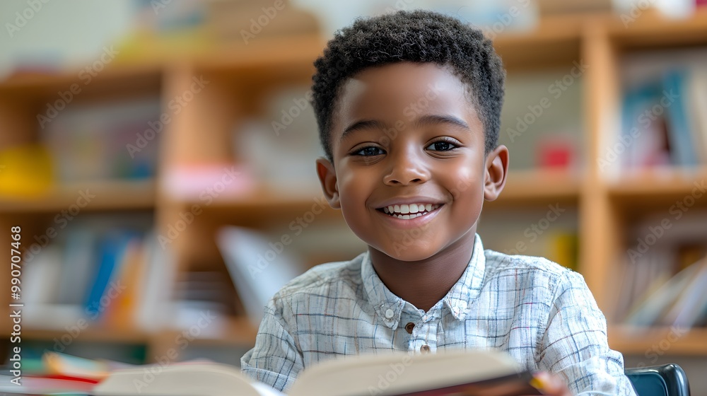 Smiling young disabled child reading in a pride-filled classroom ...