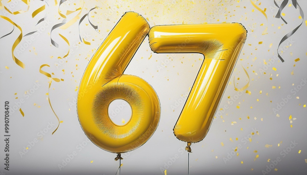 Yellow birthday / anniversary balloon, number 67, white background with ...