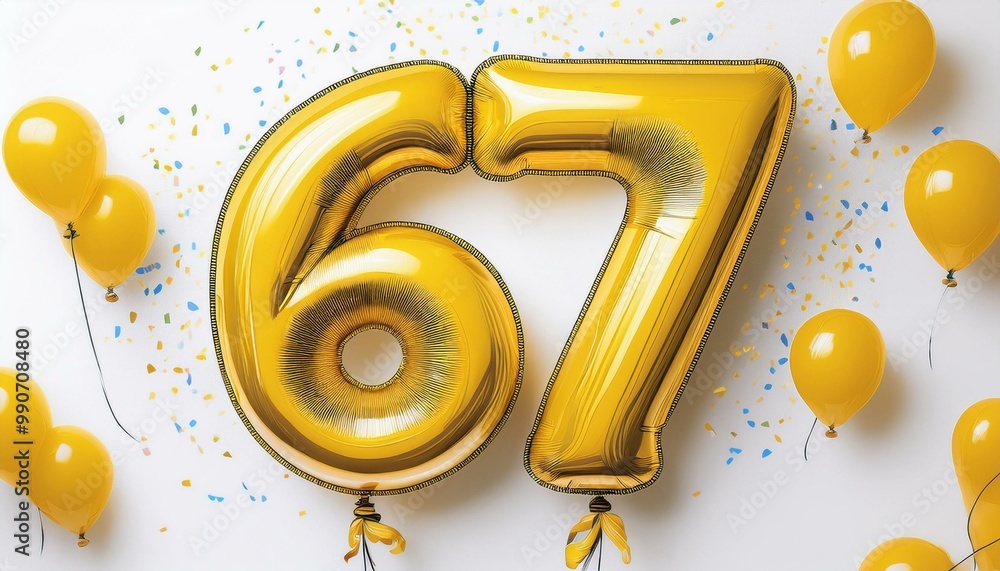 Yellow birthday / anniversary balloon, number 67, white background with ...