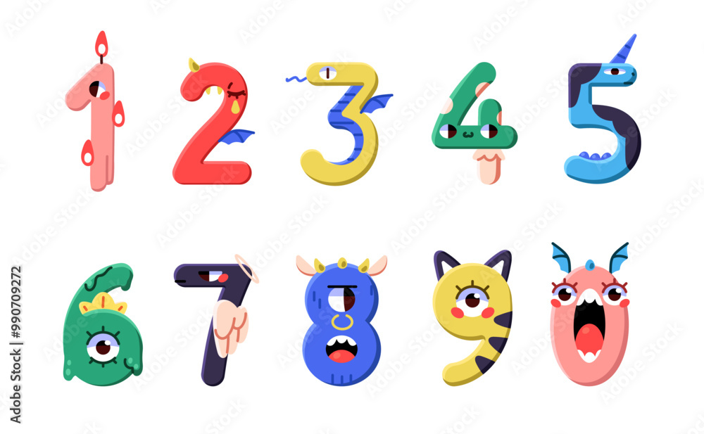 Funny monsters' numbers set. Figures for kids birthday. Cute letters ...