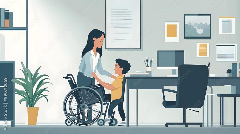 Professional workspace with a mother helping her disabled child into a ...