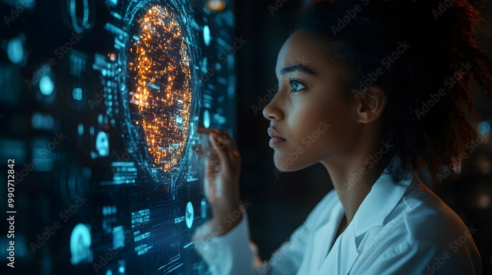 Side profile of a black female doctor analyzing a glowing AI hologram ...