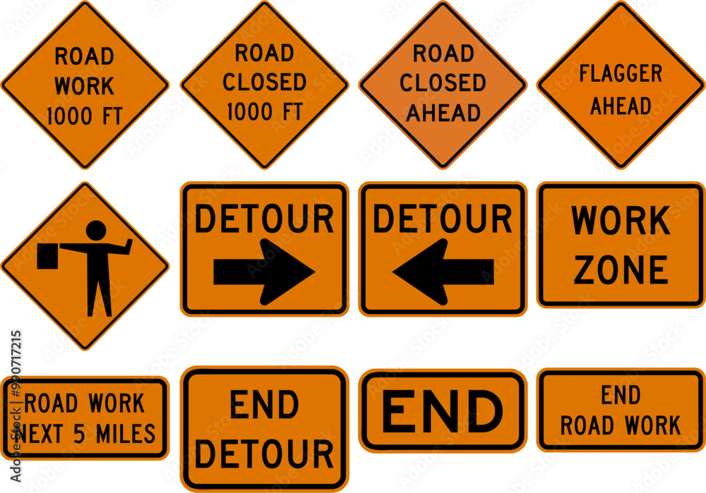Road Work and Detour Signs Collection Featuring Work Zone, End Road ...