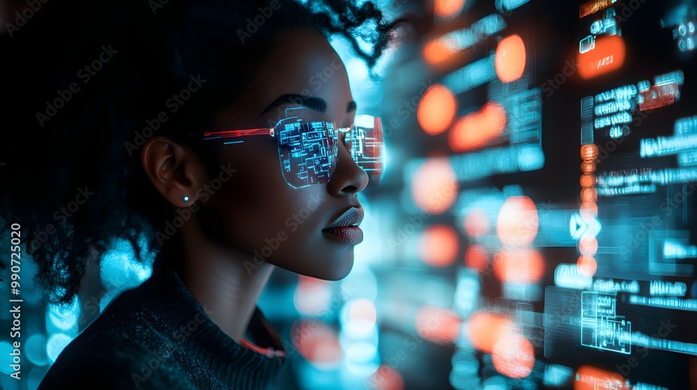 African American woman working on cybersecurity, immersive augmented ...