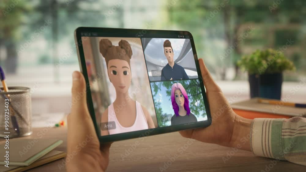 Close-up of Hands Holding Tablet During Video Call With Three Animated ...